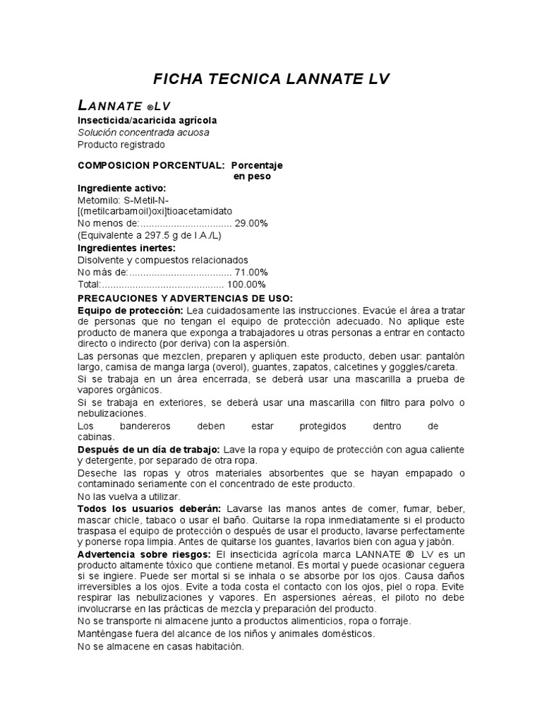 Ficha Tecnica Lannate LV L | PDF | Plaga (organismo) | Pesticida