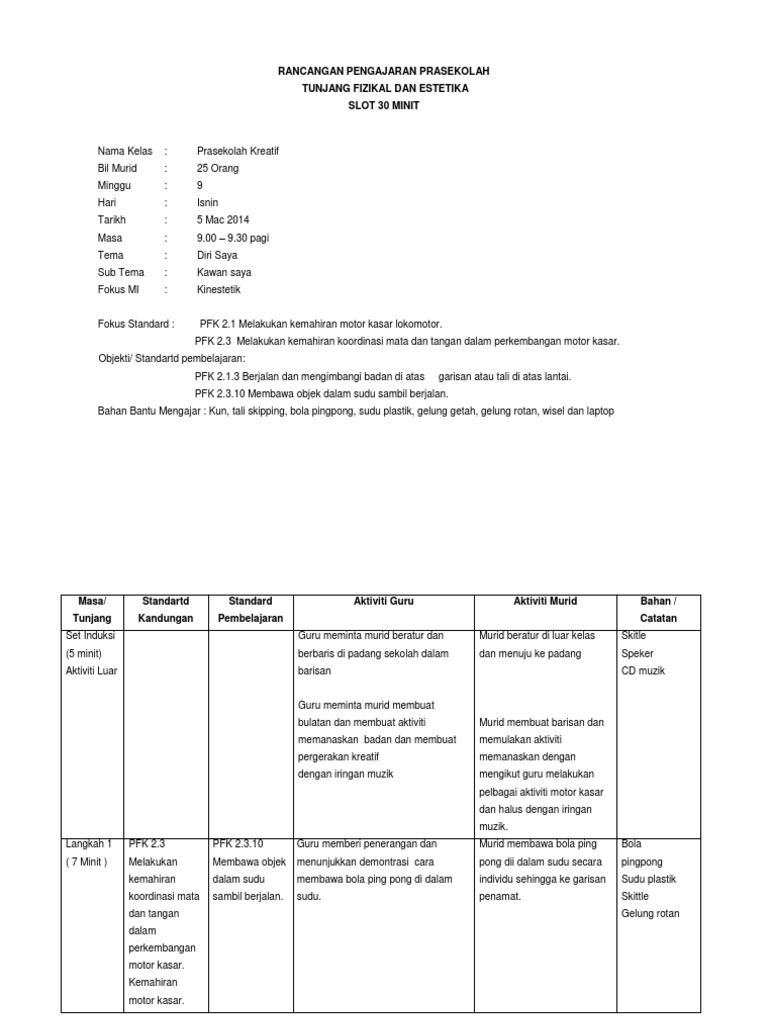 Rancangan Pengajaran Prasekolah Kaf3023 Tugasan 2 | PDF | Sains ...