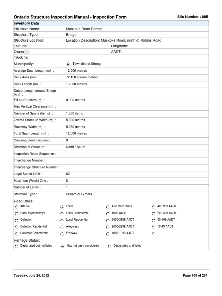 Ontario Structure Inspection Manual - Inspection Form 22 | Bearing ...
