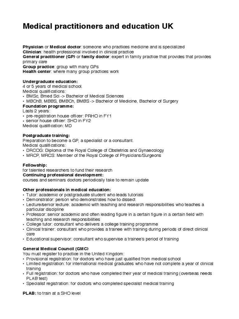 Types of Medical Practitioners in the UK | PDF
