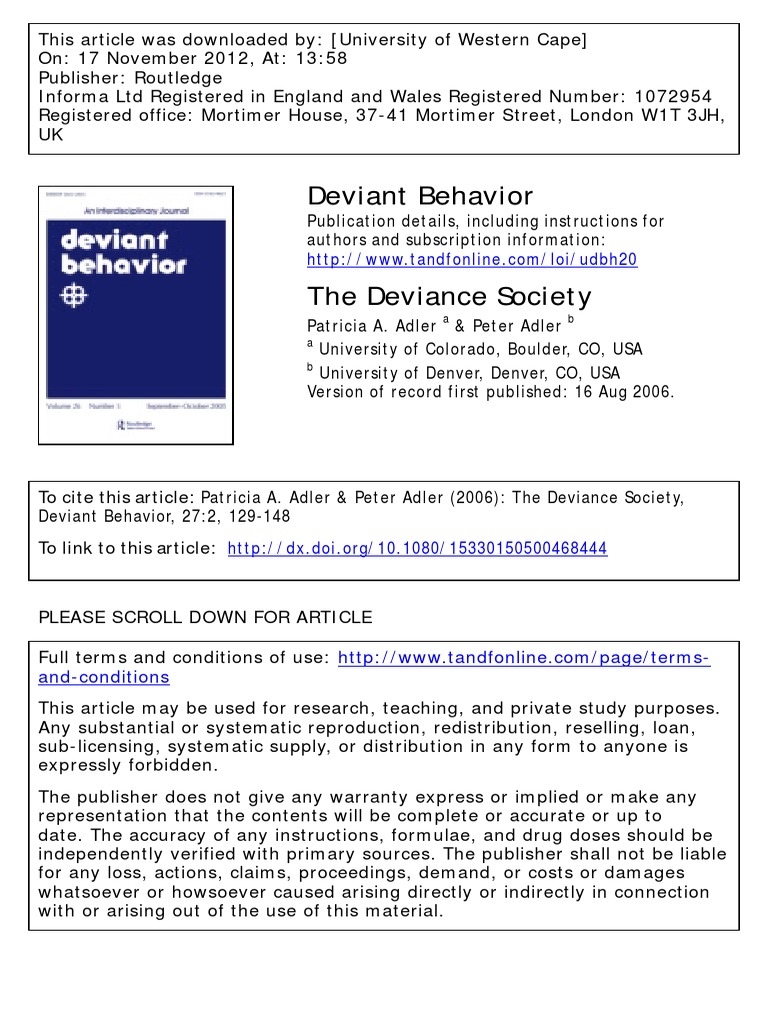 Deviant Behavior Volume 27 Issue 2 2006 (Doi 10.1080/15330150500468444) Adler, Patricia A. Adler ...