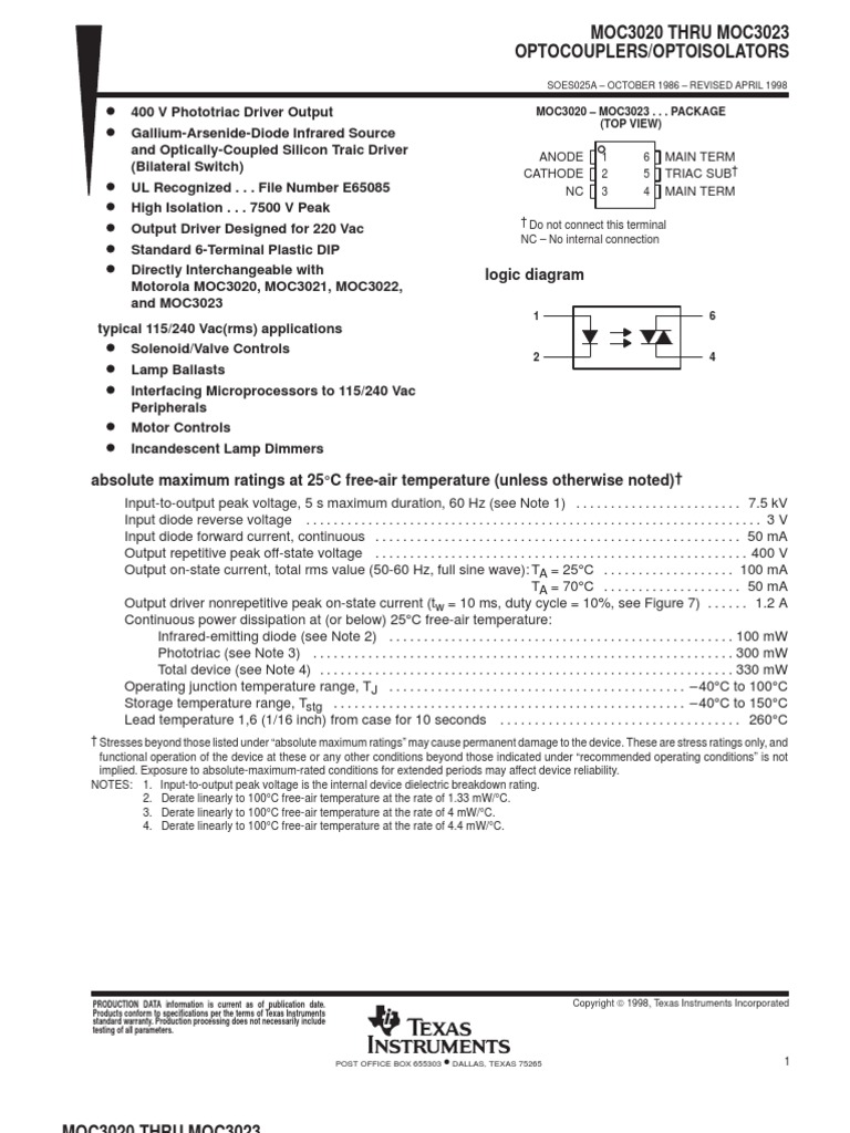Moc3020 Thru Moc3023 Optocouplers/Optoisolators | PDF