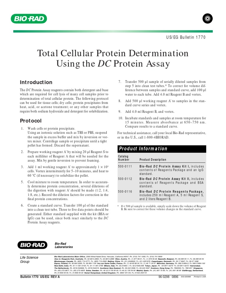 Total Cellular Protein Determination Using the DC Protein Assay | Assay ...