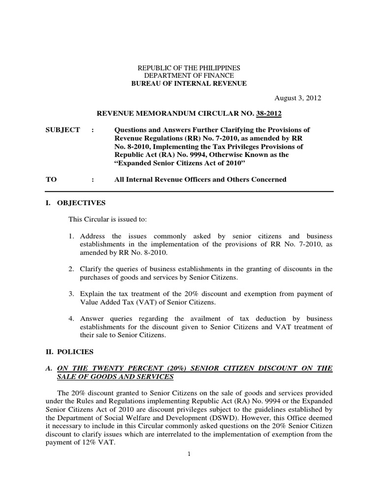 BIR Clarification on Senior Citizens Discount | Value Added Tax | Receipt