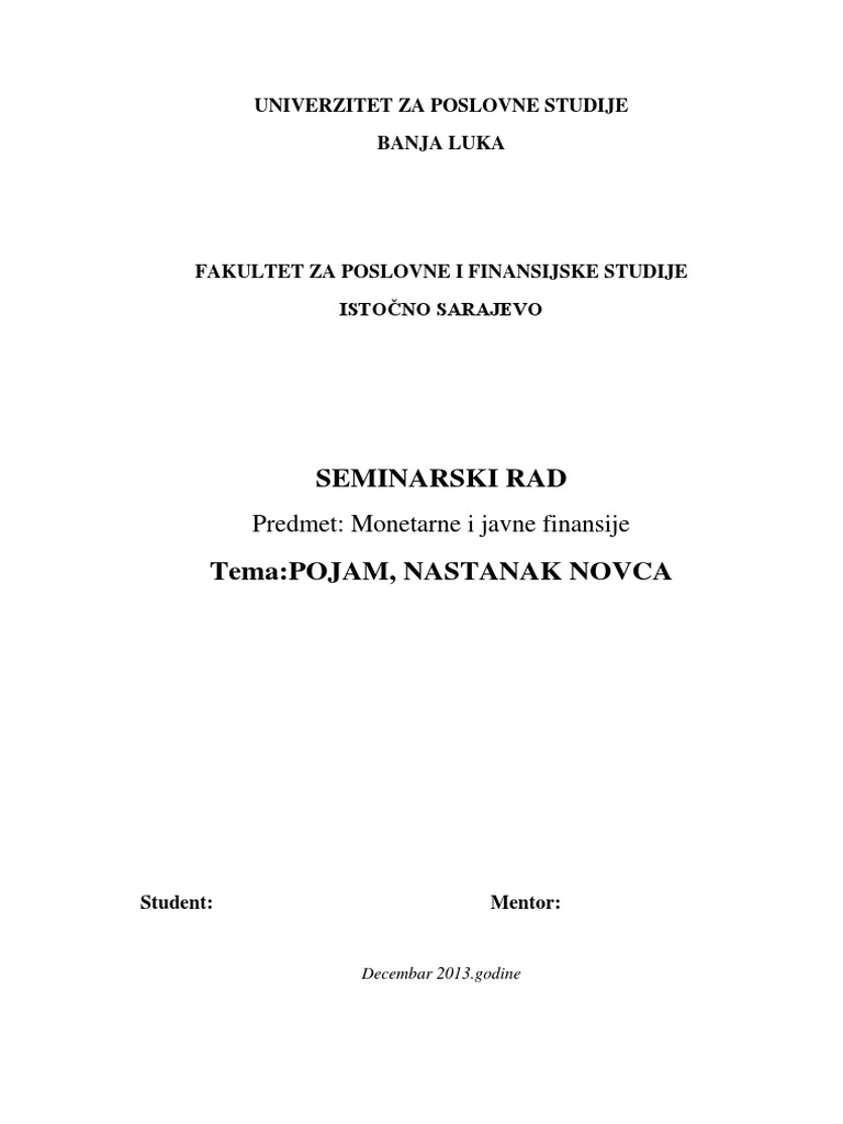 Seminarski Rad-Monetarne I Javne Finansije | PDF