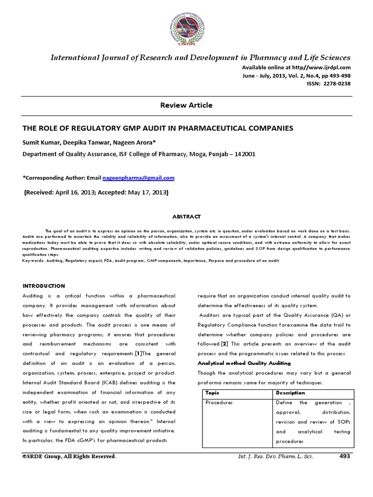 Gmp Audit in Pharmaceutical Companies-review Article | Audit | Quality