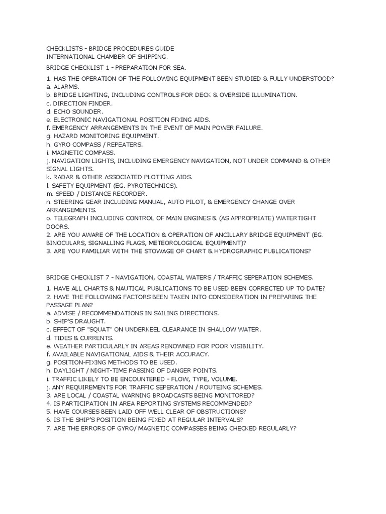 Bridge Checklists | PDF | Navigation | Ships