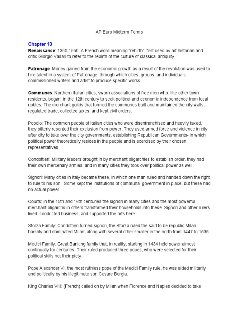 AP Euro Chapter 13 Terms | PDF | Renaissance | Humanism