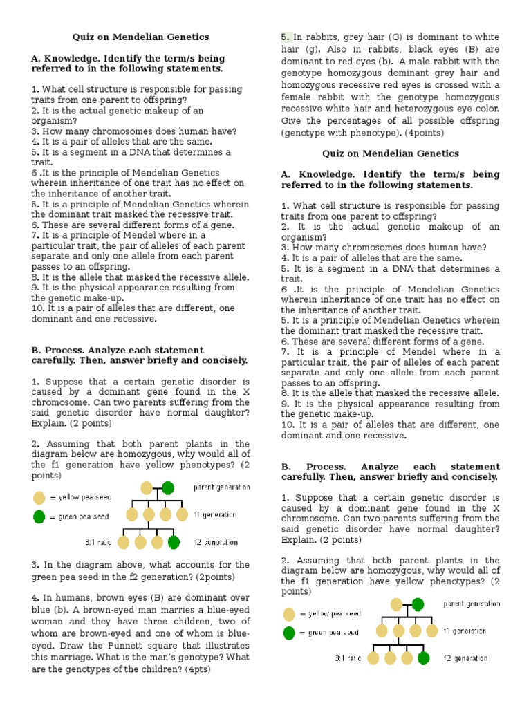 Mendelian Genetics Quiz Questions | PDF | Dominance (Genetics) | Allele