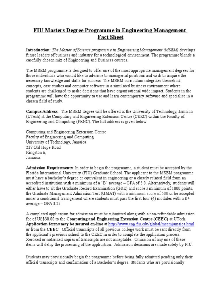 FIU Masters Degree Programme in Engineering Management Fact Sheet | PDF ...