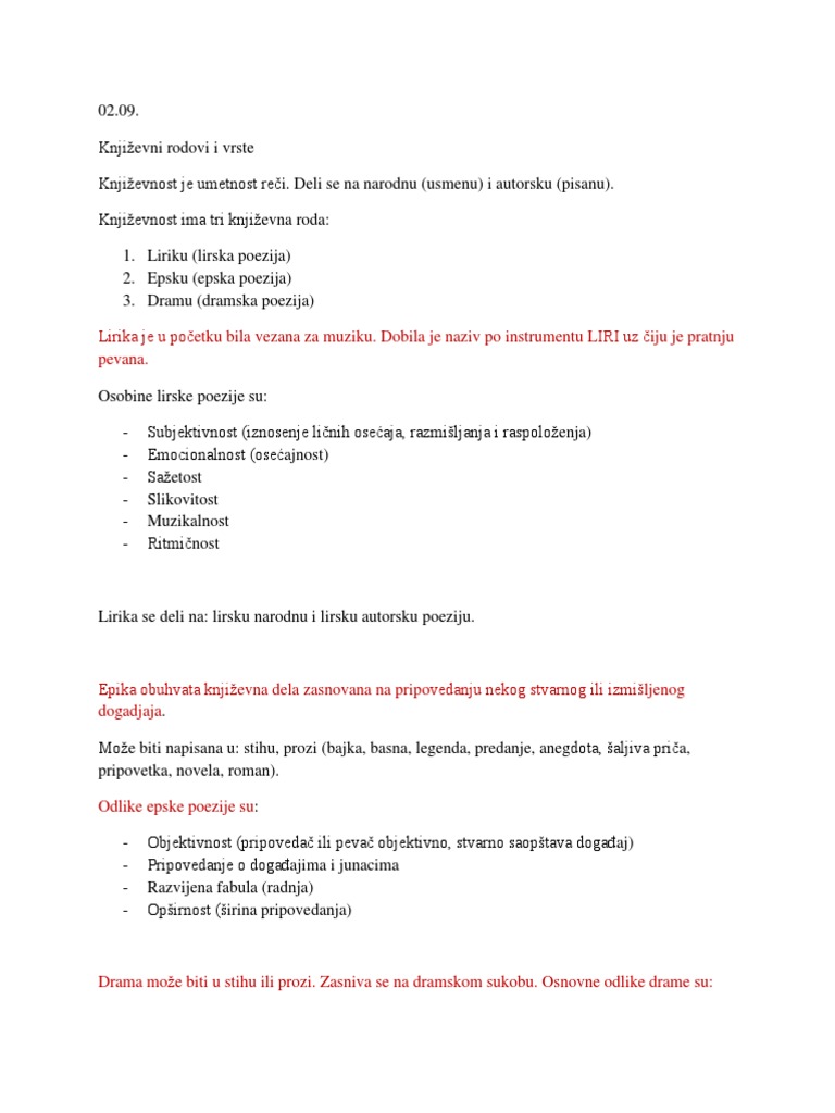 Knjizevni Rodovi I Vrste | PDF