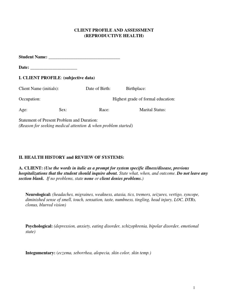 Reproductive Health Client Assessment | PDF | Childbirth | Chronic ...