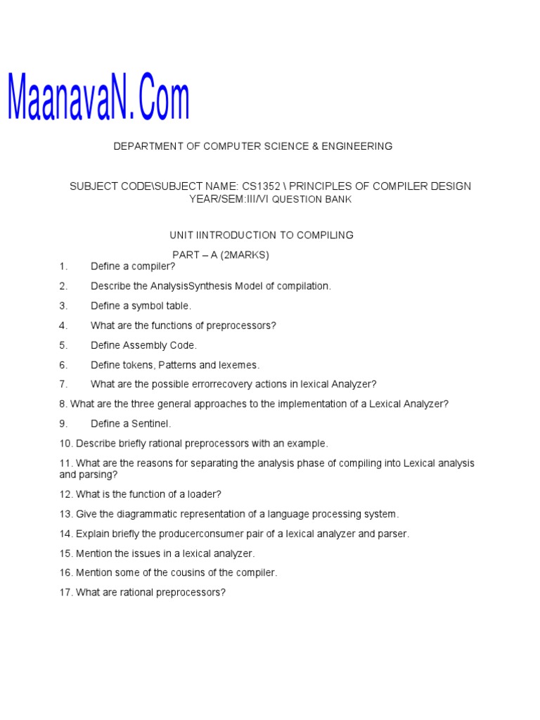 Cs1352 Compiler Design | PDF | Parsing | Compiler