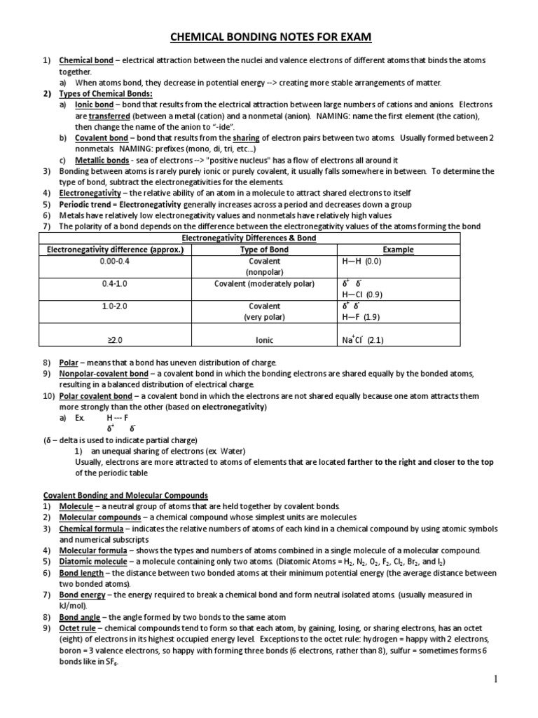 Chemical Bonding Notes Exam | PDF | Ionic Bonding | Chemical Bond