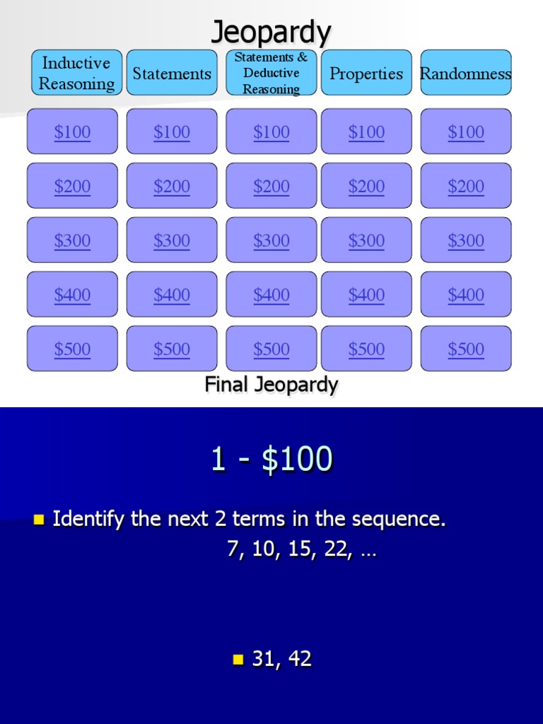 Jeopardy: Inductive & Deductive Reasoning | PDF | Angle | Deductive ...