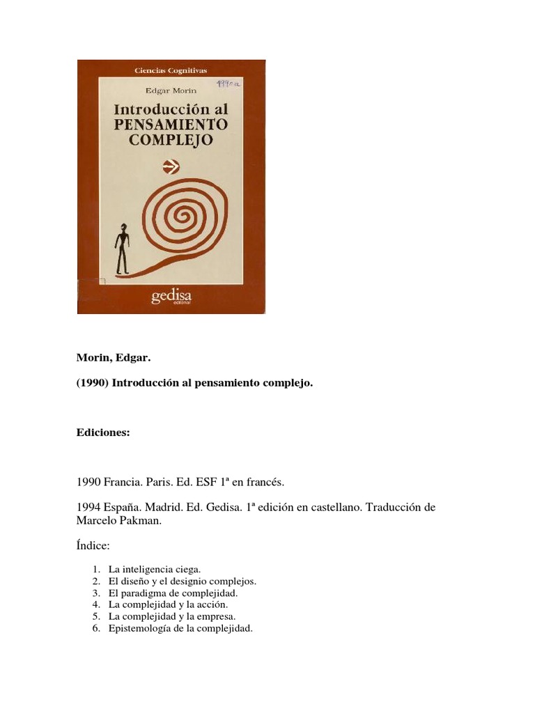 Morin-Introducción Al Pensamiento Complejo PDF | PDF | Complejidad | Science
