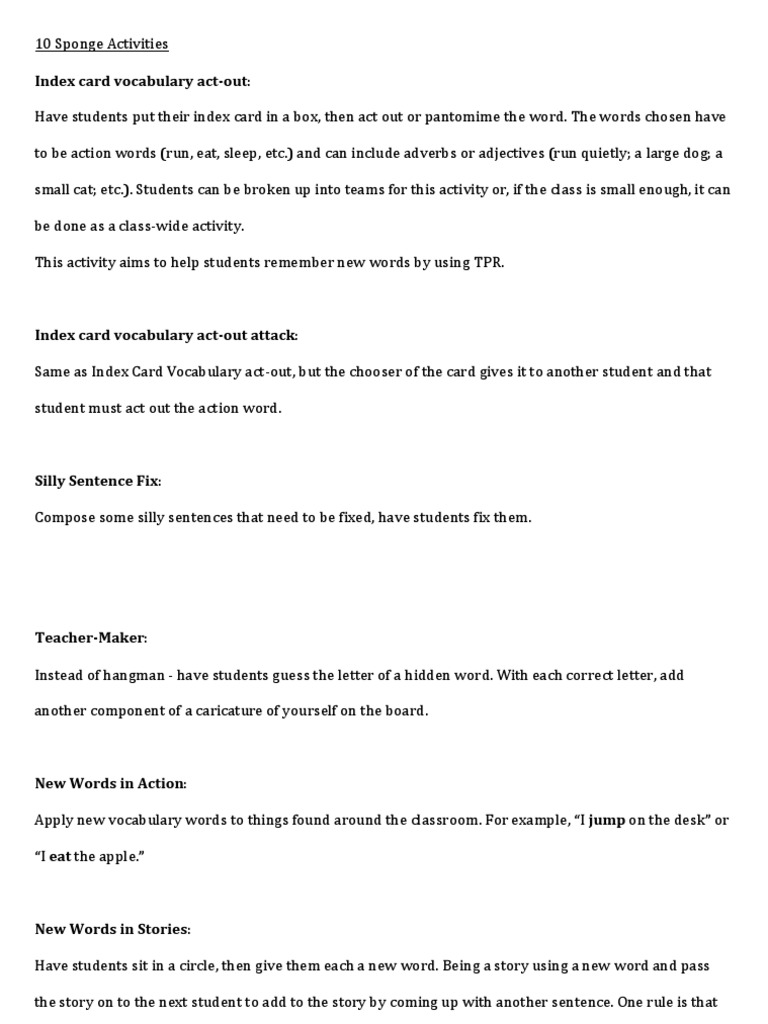 10 Sponge Activities | PDF | Language Arts & Discipline | Foreign ...