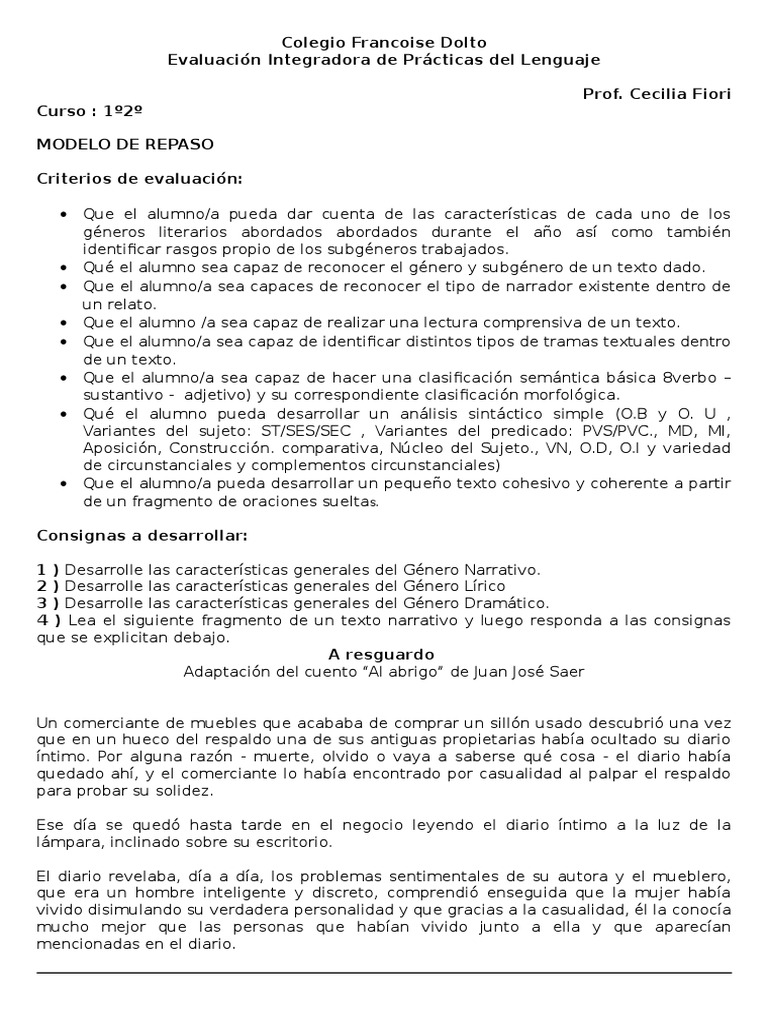 Eval Pract Leng 1º2º (18!11!2014) Integradora Modelo de Repaso | PDF | Asunto (gramática) | Adjetivo