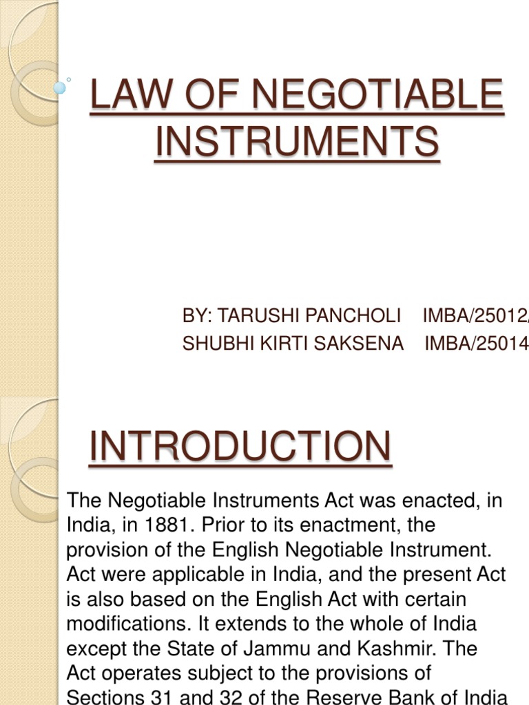 Law of Negotiable Instruments | PDF | Negotiable Instrument | Cheque