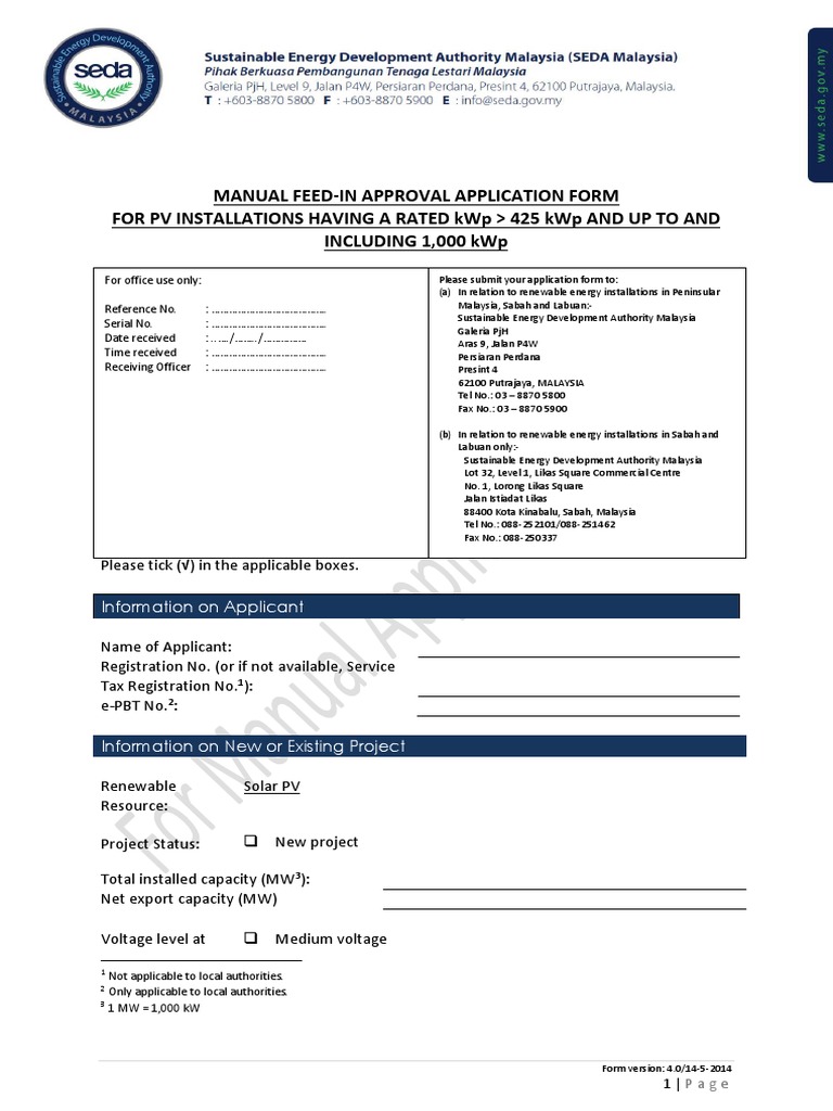 SEDA (Application Form) Manual 425kWp Up To 1MW - 140514 | PDF ...