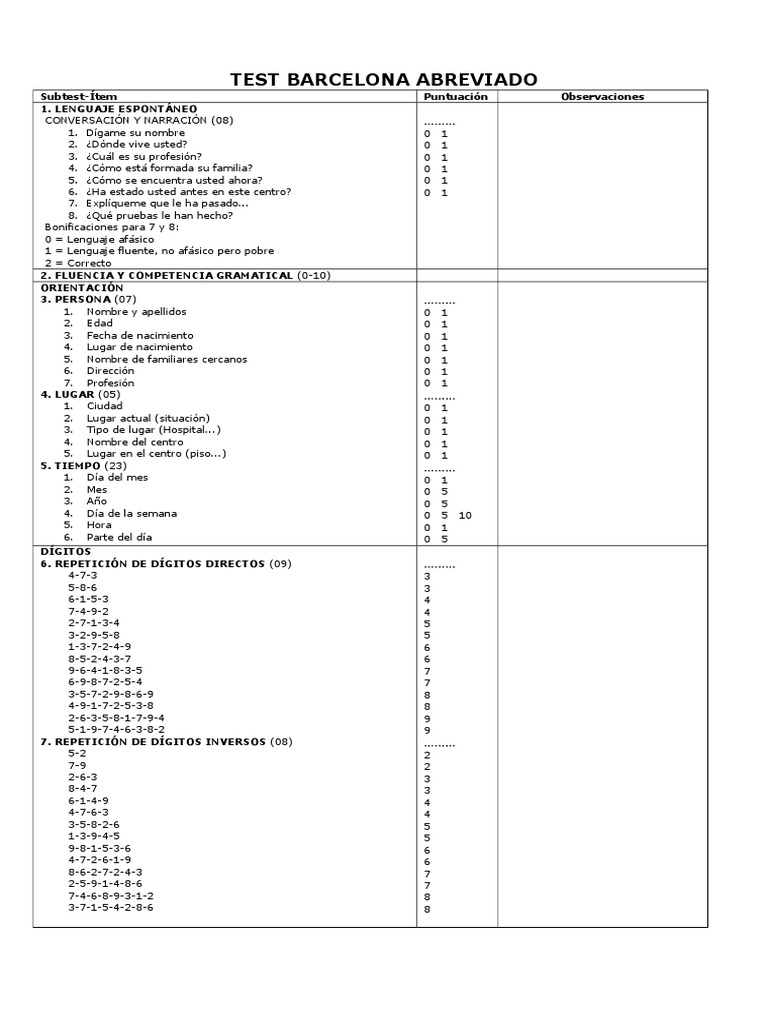 Test Barcelona Abreviado: Evaluación Mental | PDF | Pollo | Naturaleza