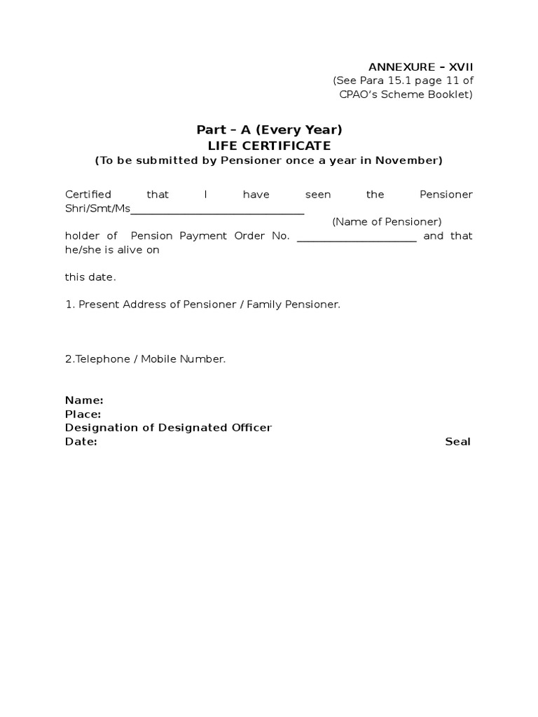 Life Certificate by Pensioners | PDF
