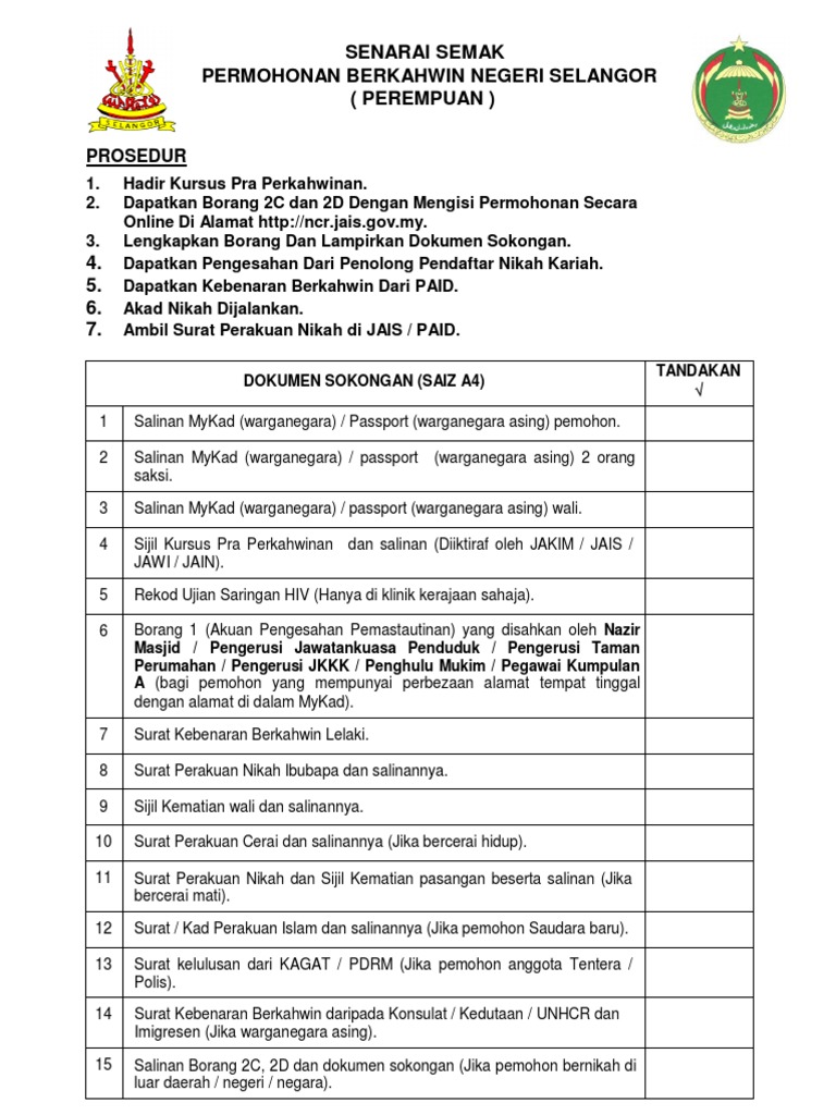Checklist Mohon Kahwin Perempuan Selangor | PDF