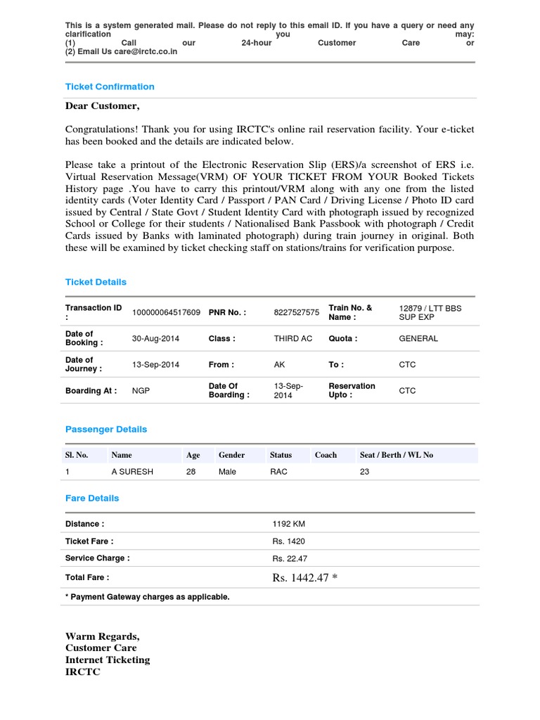 Dear Customer,: Ticket Confirmation | PDF