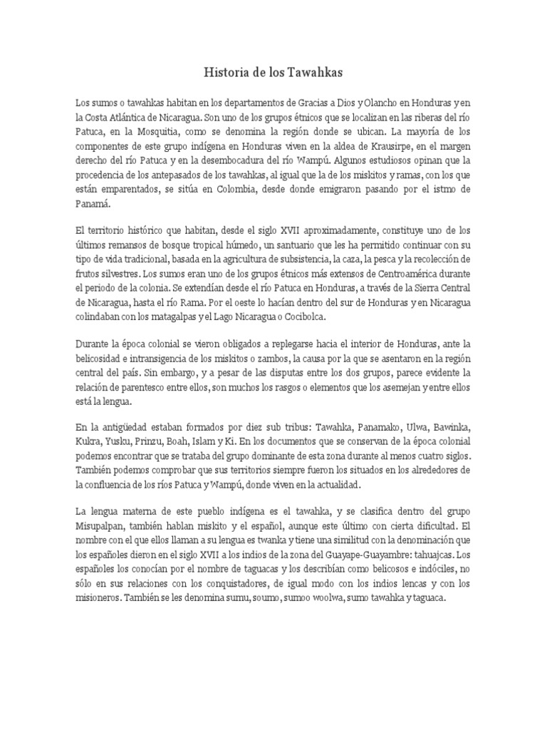 Historia de Los Tawahkas | Honduras | Centroamérica