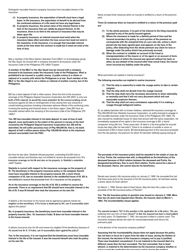 Insurance Past Bar Questions | PDF | Life Insurance | Misrepresentation