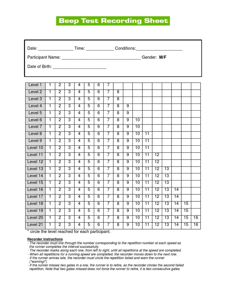 Bleep Test Sheet | PDF
