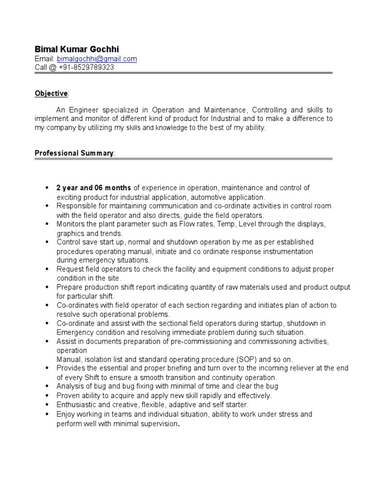 Bimal CV Format | PDF | Instrumentation | Engineering