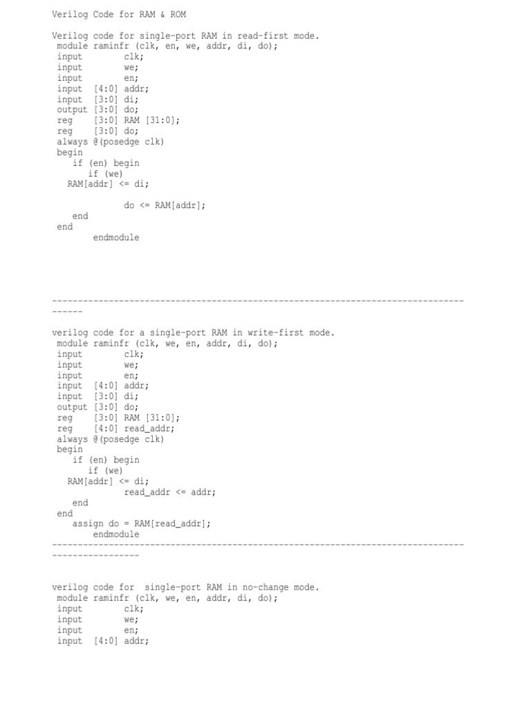 Verilog Code for RAM, ROM & Dual-Port Memory | PDF | Electronic ...