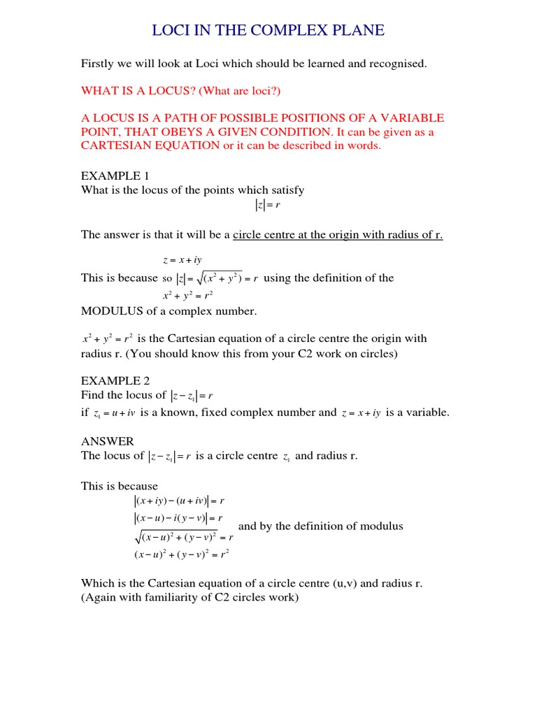 Loci in The Complex Plane | PDF | Circle | Complex Number