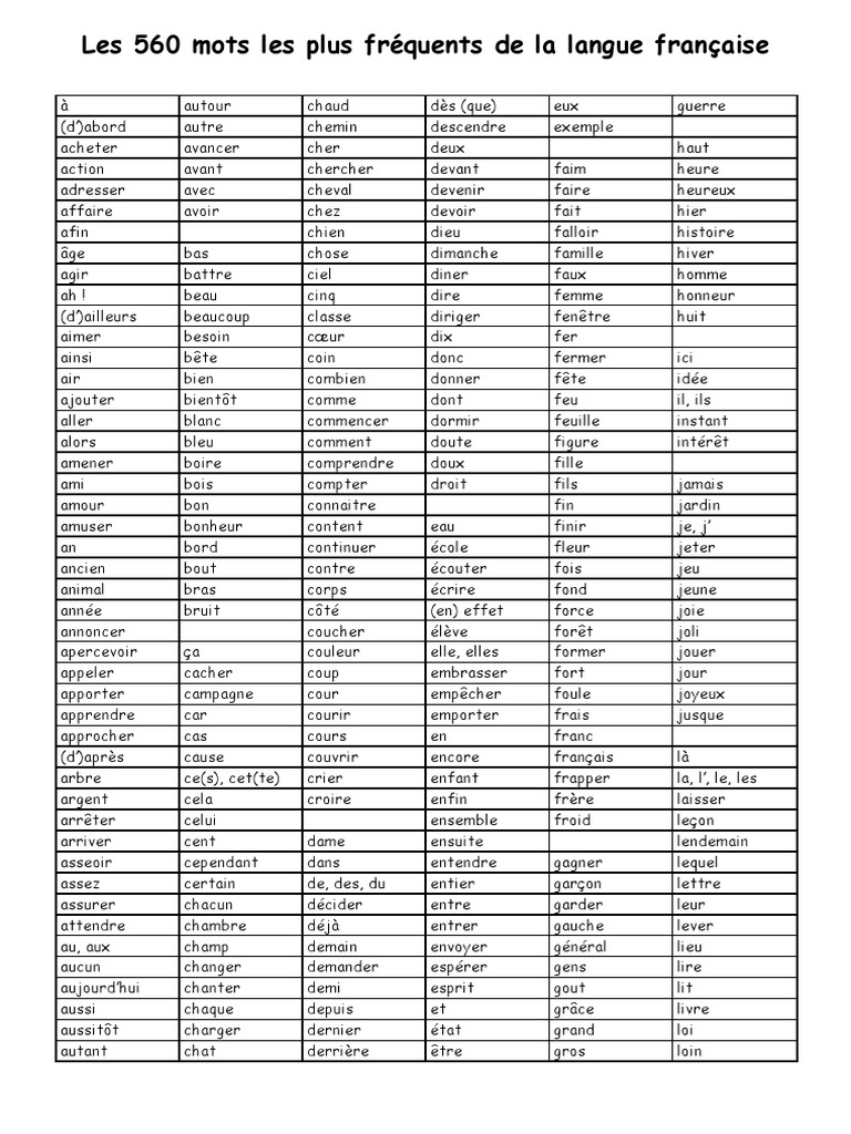 Les 560 Mots Les Plus Fréquents de La Langue Française | PDF | Langue ...