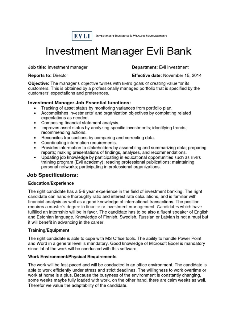 Investment Manager Evli Bank | PDF