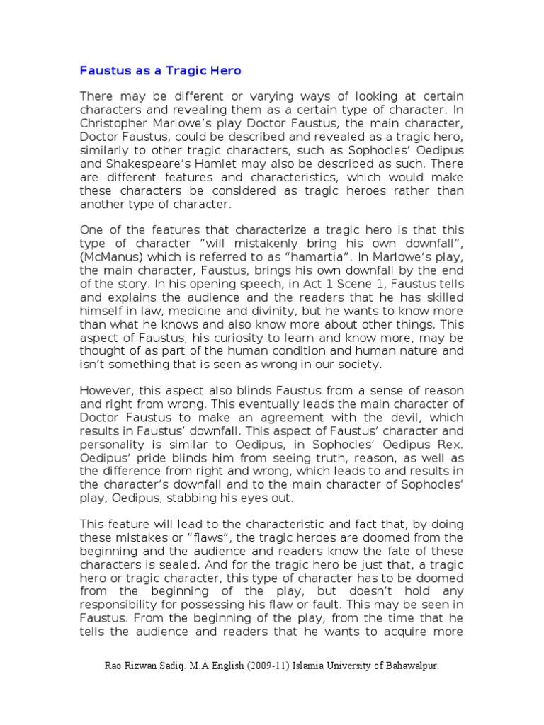 Faustus As A Tragic Hero | PDF | Tragedy | Hero