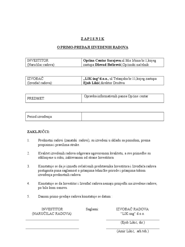 Zapisnik o Primopredaji Radova | PDF