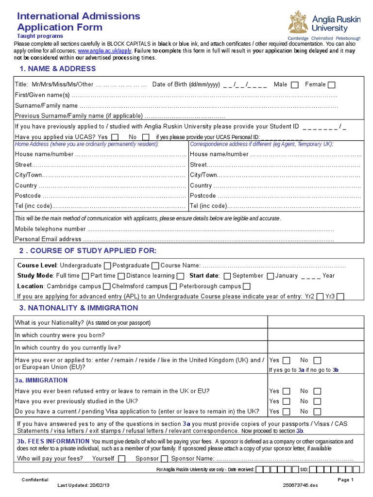 International Admissions Application Form: 1. Name & Address | PDF ...