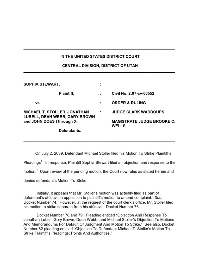Sophia Stewart V Michael Stoller, Et Al. (C.D.Utah 2009) | PDF ...