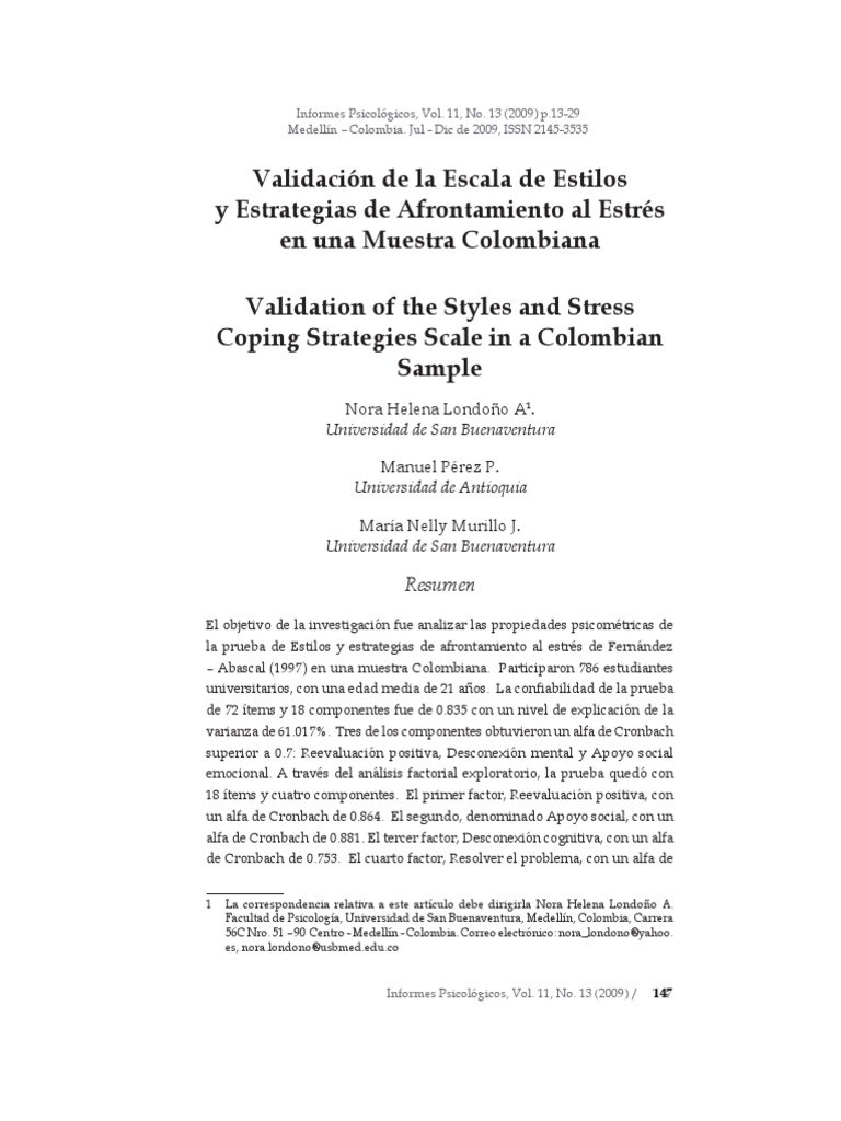 Validacion Escala de Estilos de Afrontamiento Lazarus | PDF | Metafísica de la mente | Salud mental