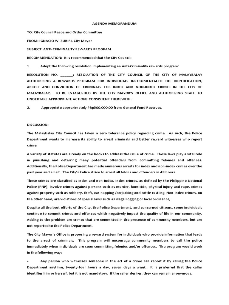 Sample Resolution on PNP Rewards System | Arrest | Crimes