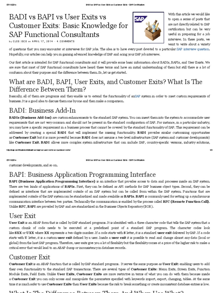 BADI Vs BAPI Vs User Exits Vs Customer Exits - SAP Certification | PDF ...