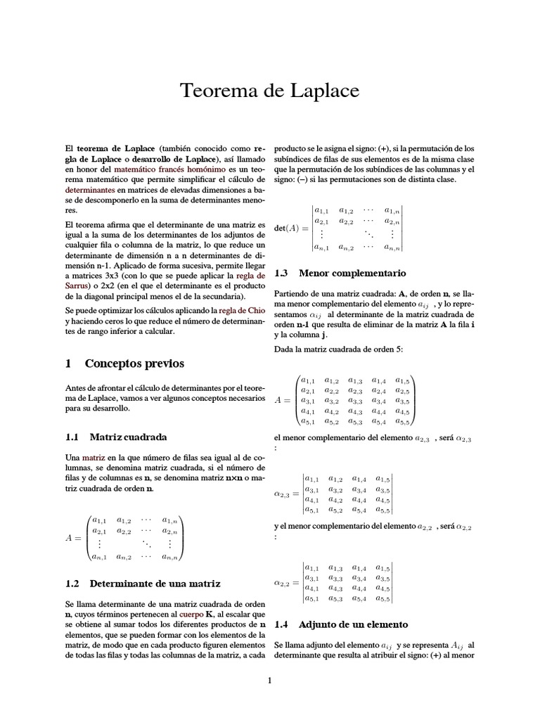 Teorema de Laplace PDF | PDF | Teoría de la matriz | Álgebra lineal