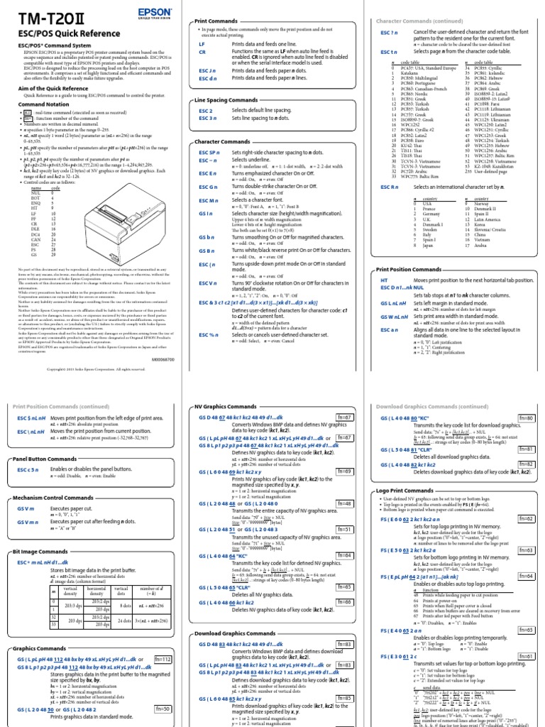 TM-T20II ESC/POS Quick Reference | PDF | Printer (Computing) | Notation
