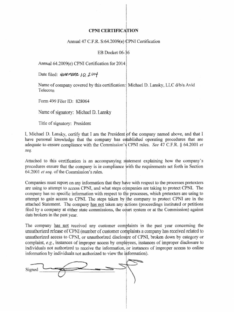 Avid CPNI Certification 11-10-14 PDF | PDF
