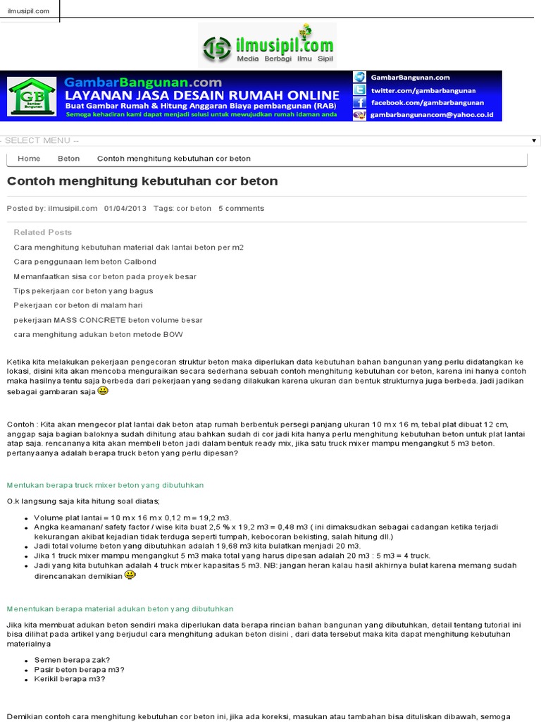 Contoh Menghitung Kebutuhan Cor Beton PDF | PDF