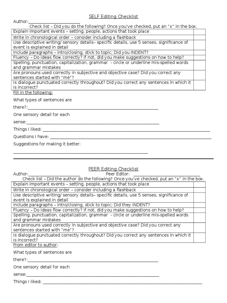 Self and Peer Editing Checklist | PDF | Paragraph | Punctuation
