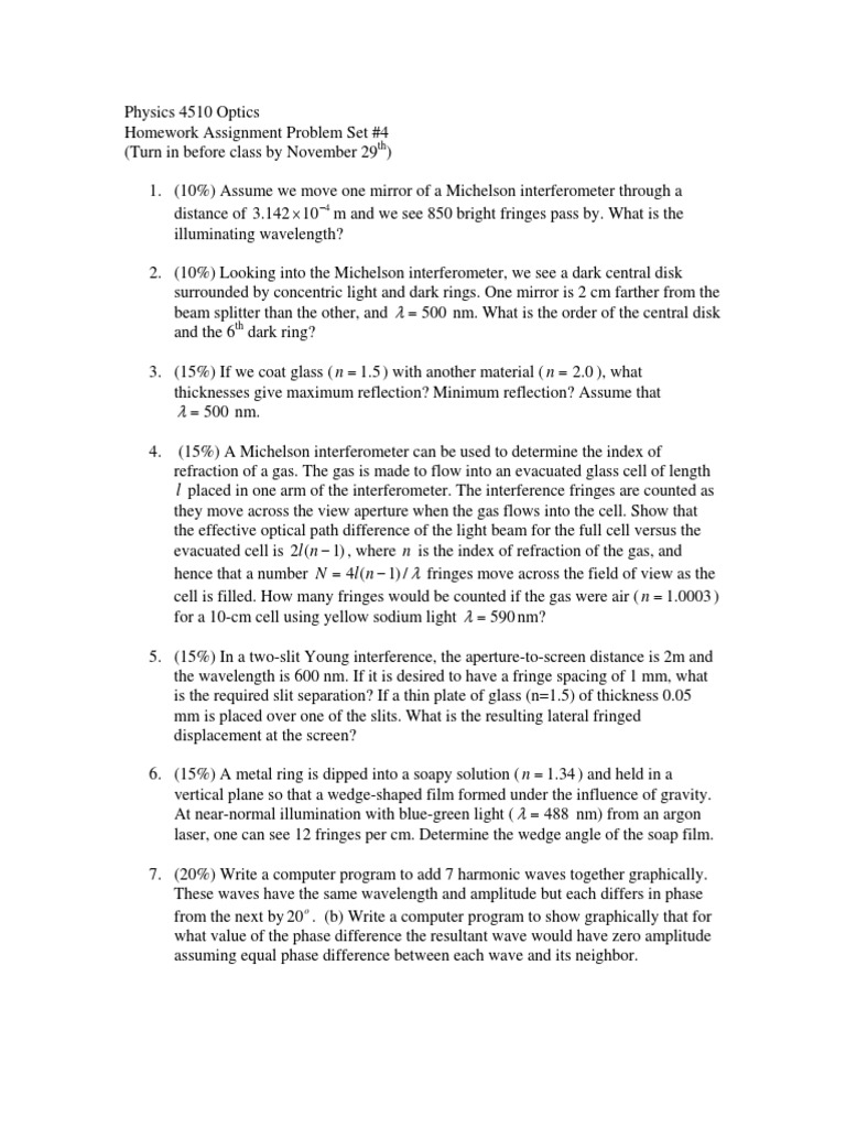 HW4 Solution | PDF | Interferometry | Optics