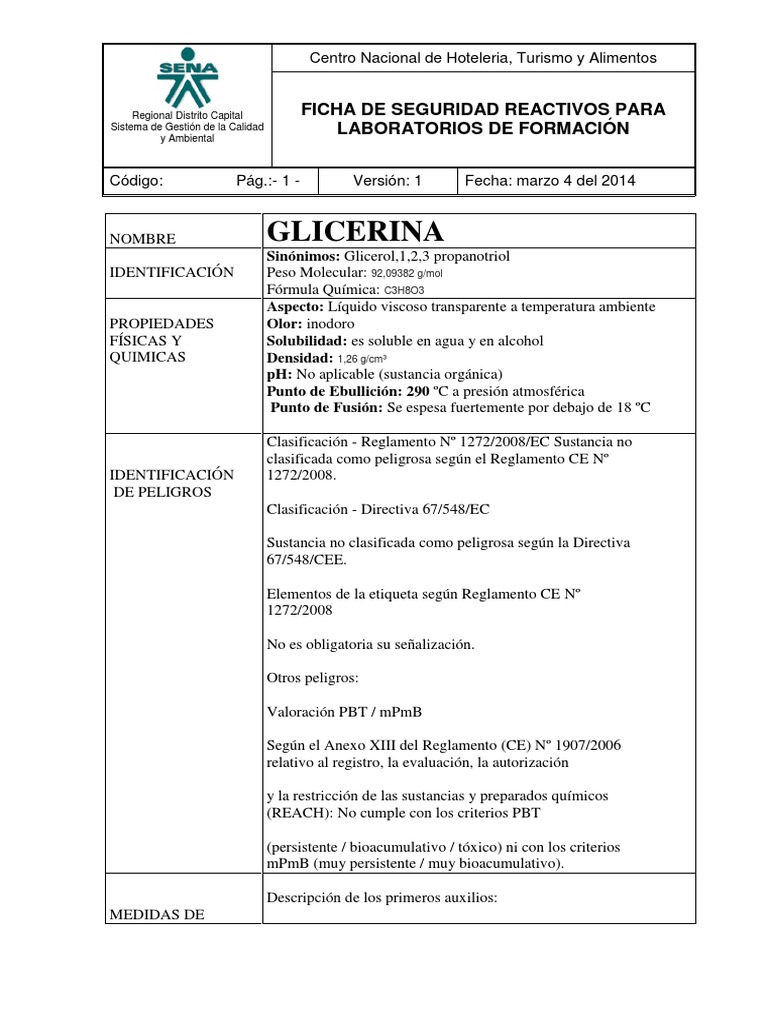 Ficha de Seguridad de La Glicerina | PDF | Glicerol | Agua